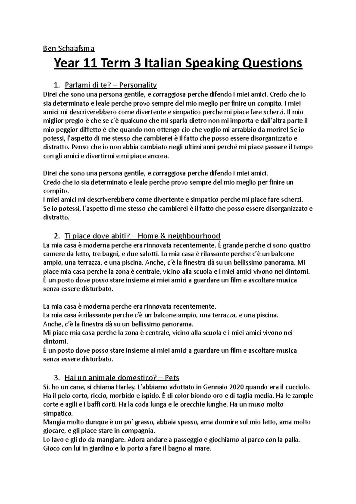 Year 11 Term 3 Italian Speaking Questions - Ben Schaafsma Year 11 Term ...