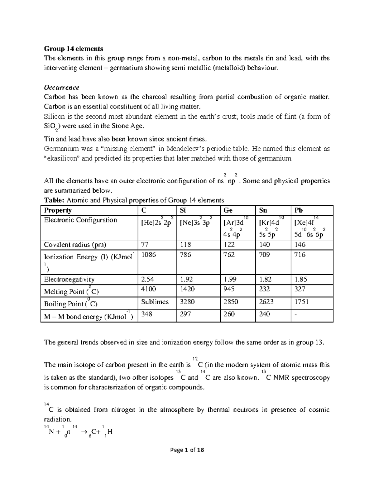 Group 14 Elements Notes Group 14 Elements The Elements In This