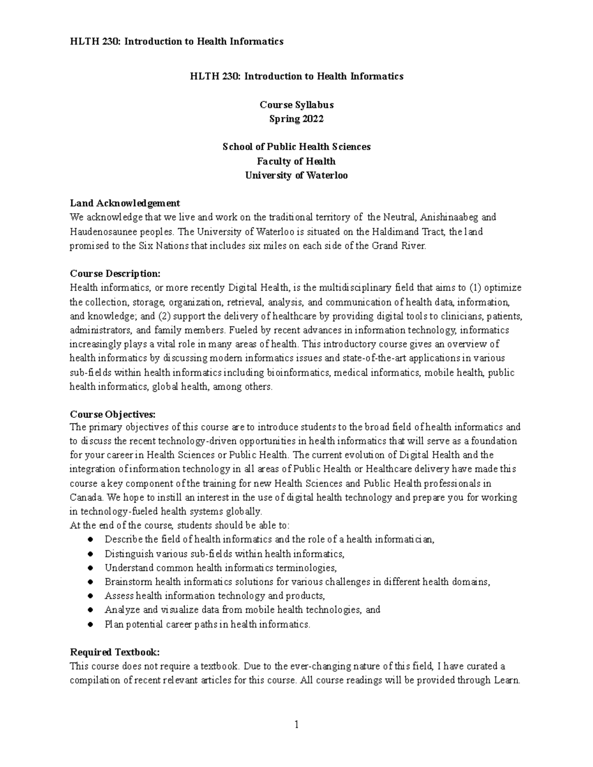HLTH 230 - Course Syllabus - Spring 2022 - HLTH 230: Introduction to ...