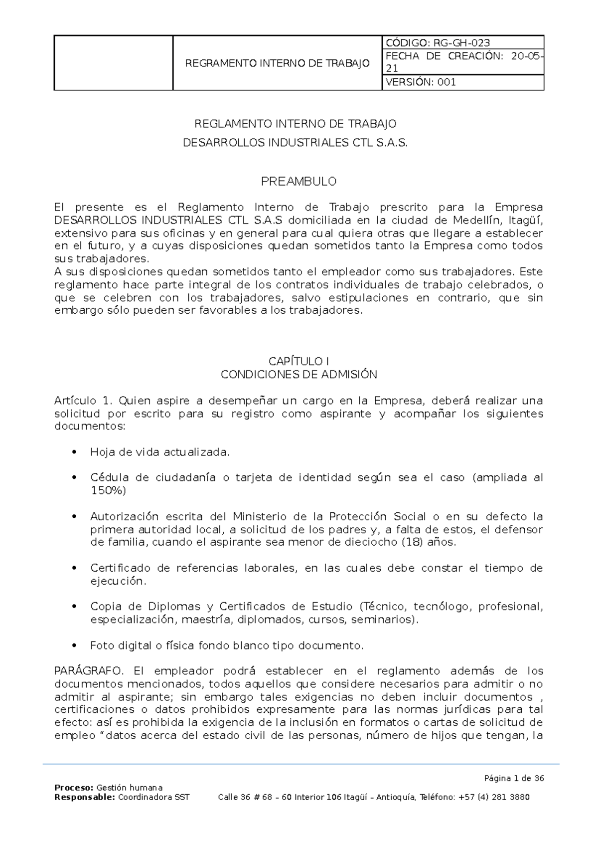 RG-GH-023 Reglamento interno - REGRAMENTO INTERNO DE TRABAJO FECHA DE CREACIÓN: 20-05- 21 ...