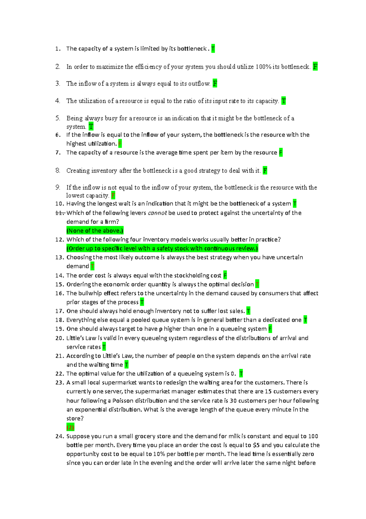 Final EXAM Operations - The capacity of a system is limited by its ...