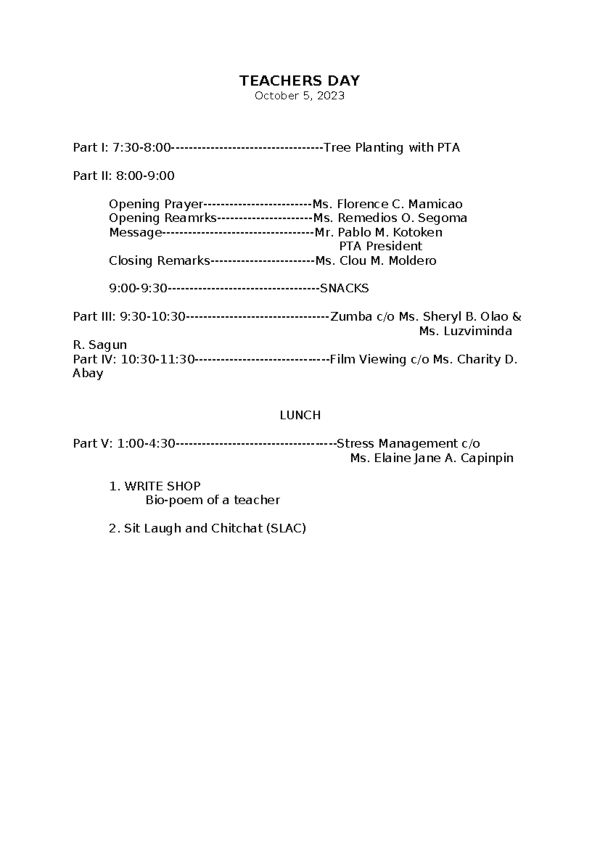 Teachers-DAY- Program - TEACHERS DAY October 5, 2023 Part I: 7:30-8:00 ...