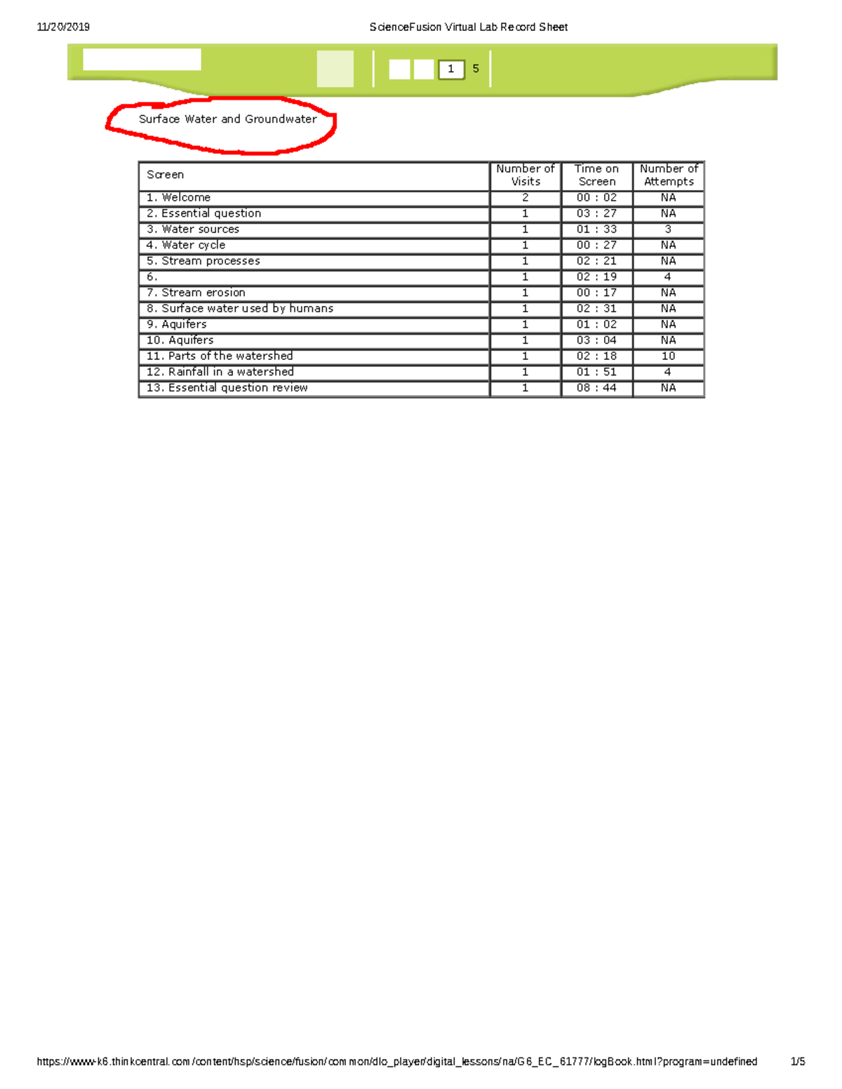 Science Fusion Virtual Lab Record Sheet - Surface Water and Groundwater ...
