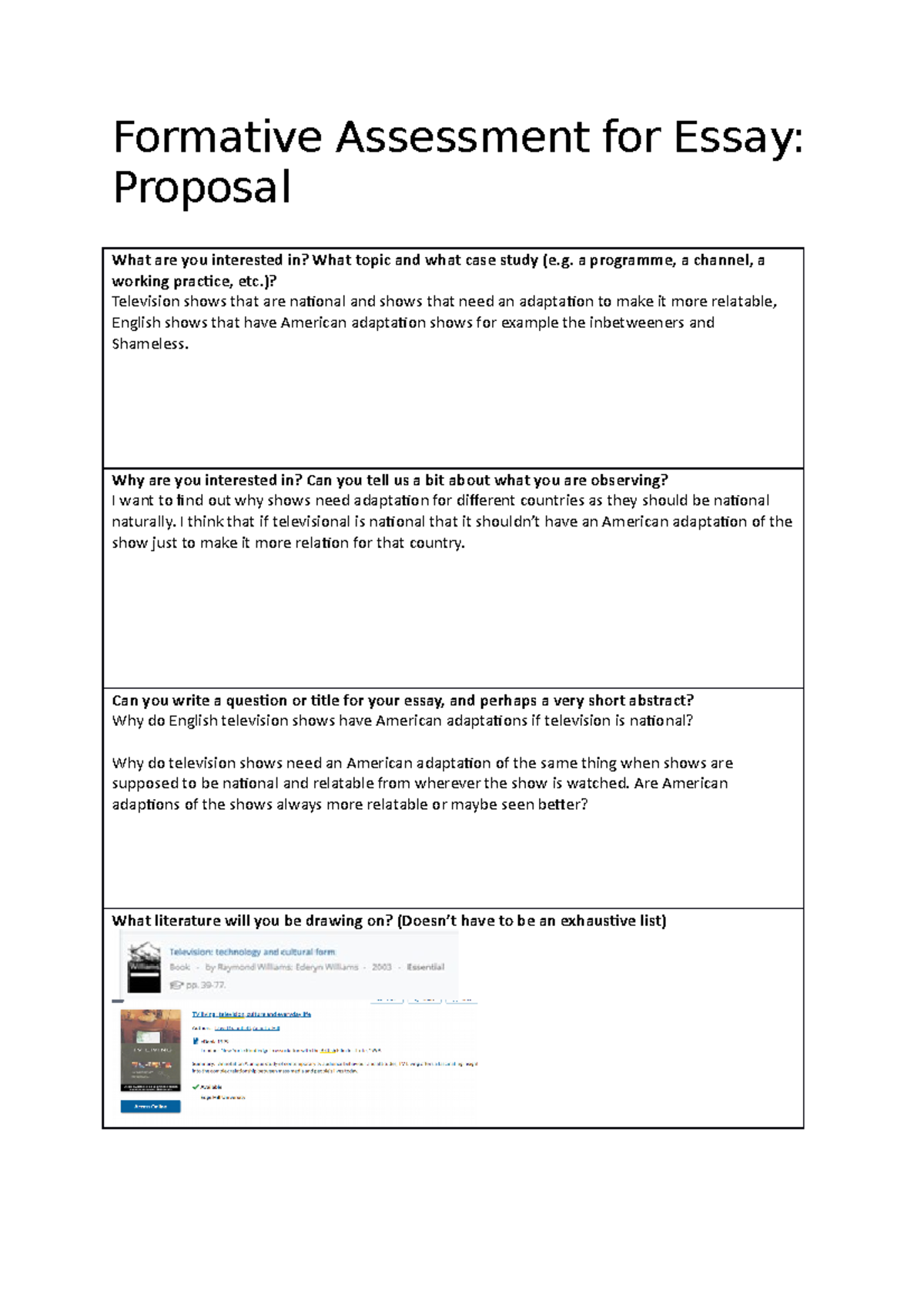 Formative proposal - Personal log - Formative Assessment for Essay ...