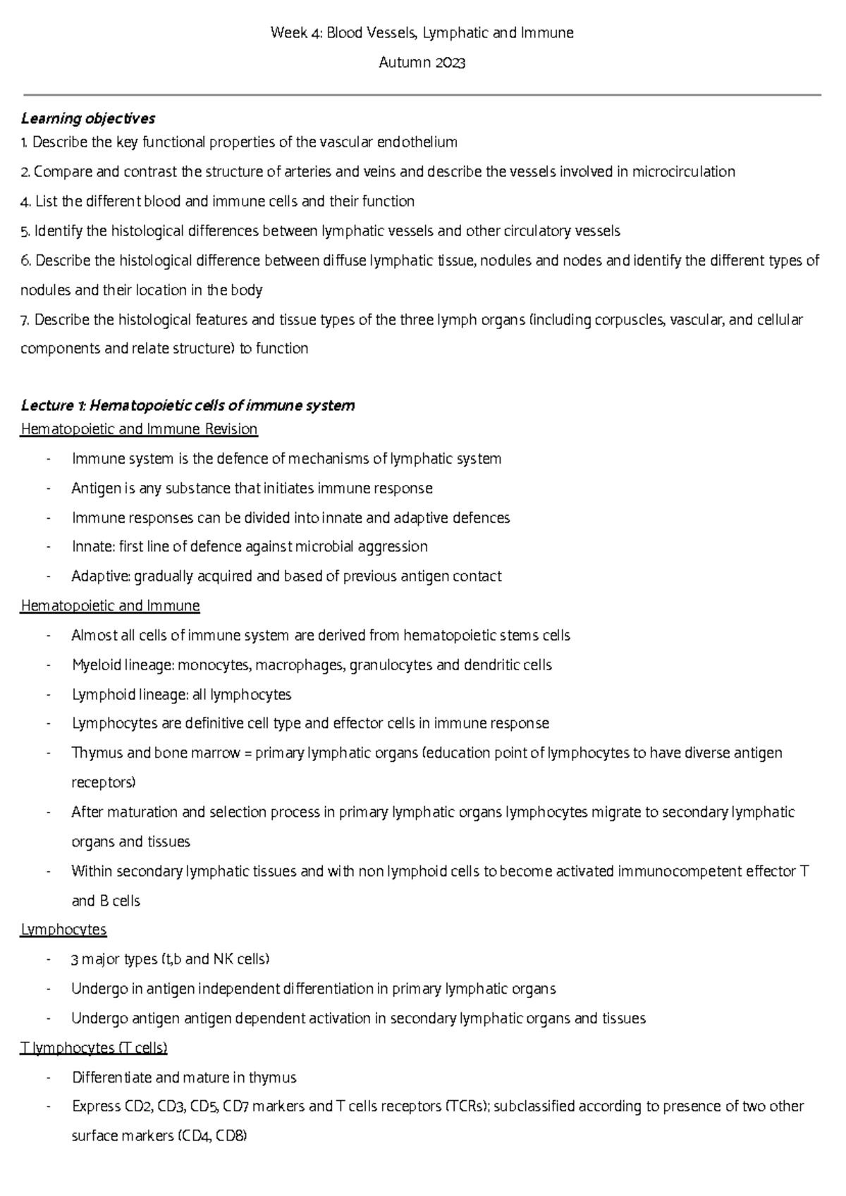 Week 4 Blood vessles, Lymphatic and Immue - Google Docs - Week 4: Blood ...