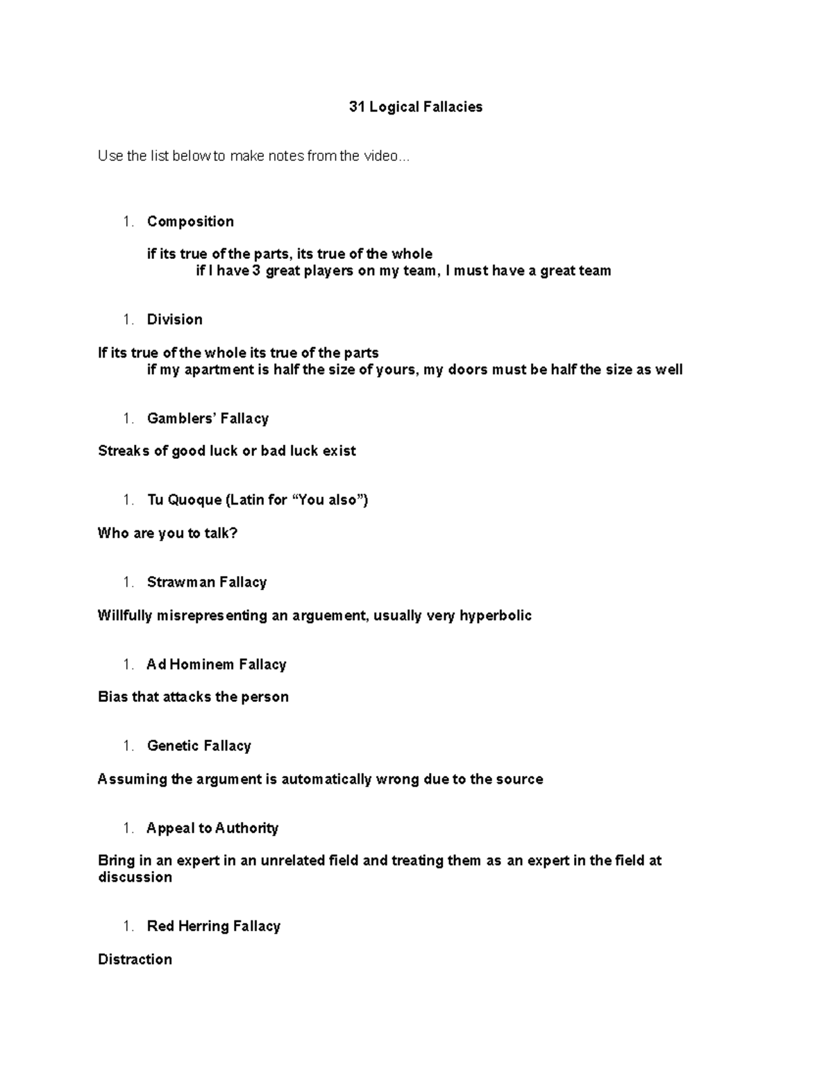 PHIL notes - 31 Logical Fallacies Use the list below to make notes from ...