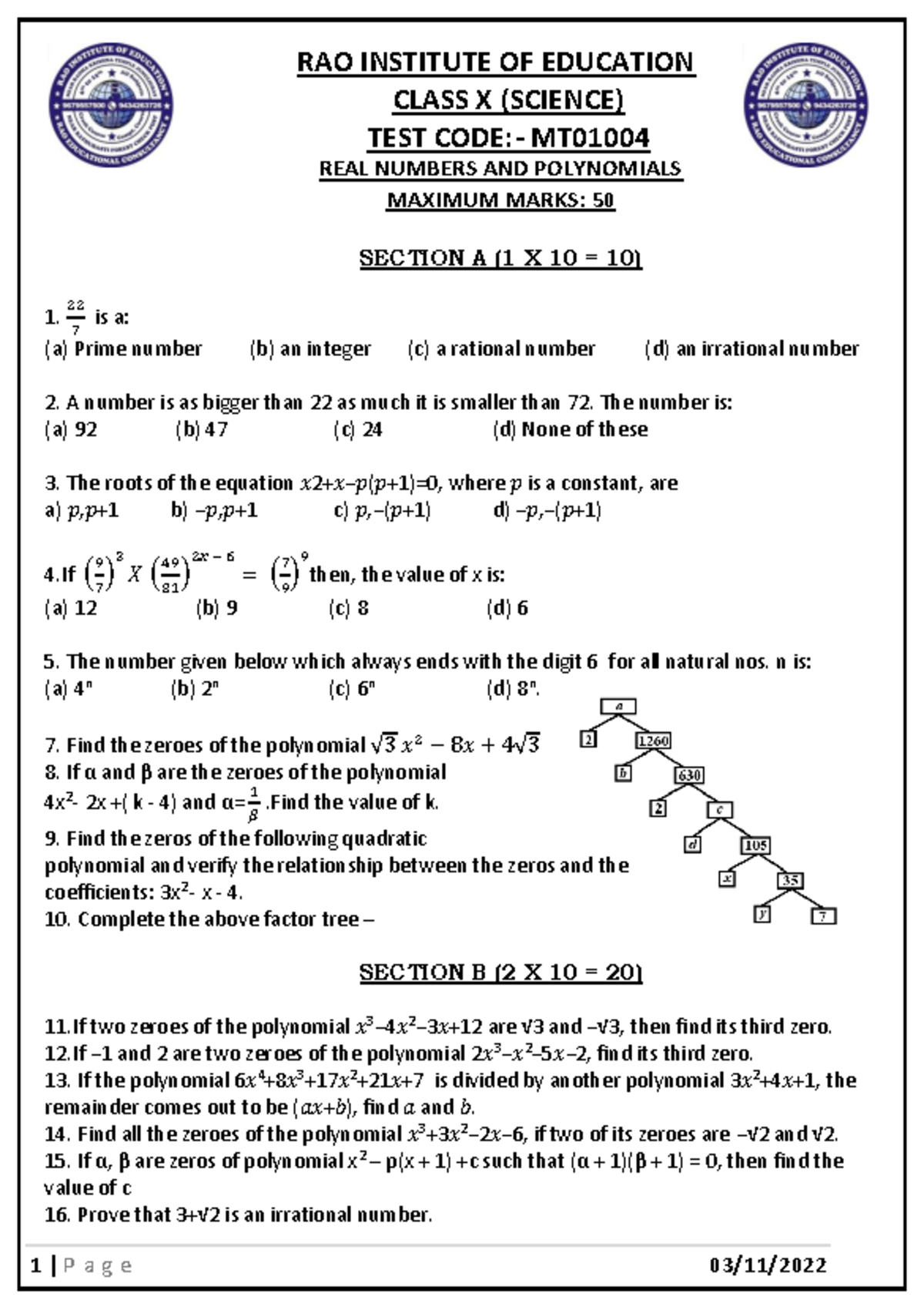 Class 10 maths test 1 - Test paper - RAO INSTITUTE OF EDUCATION CLASS X ...