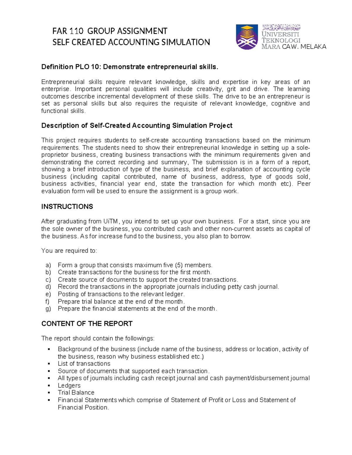 FAR110 Accounting Simulation OCT22 - CAW. MELAKA FAR 110 GROUP ...