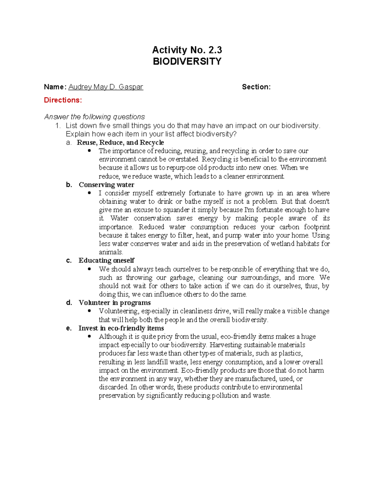 Activity No 2.3 Biodiversity - Activity No. 2. BIODIVERSITY Name ...