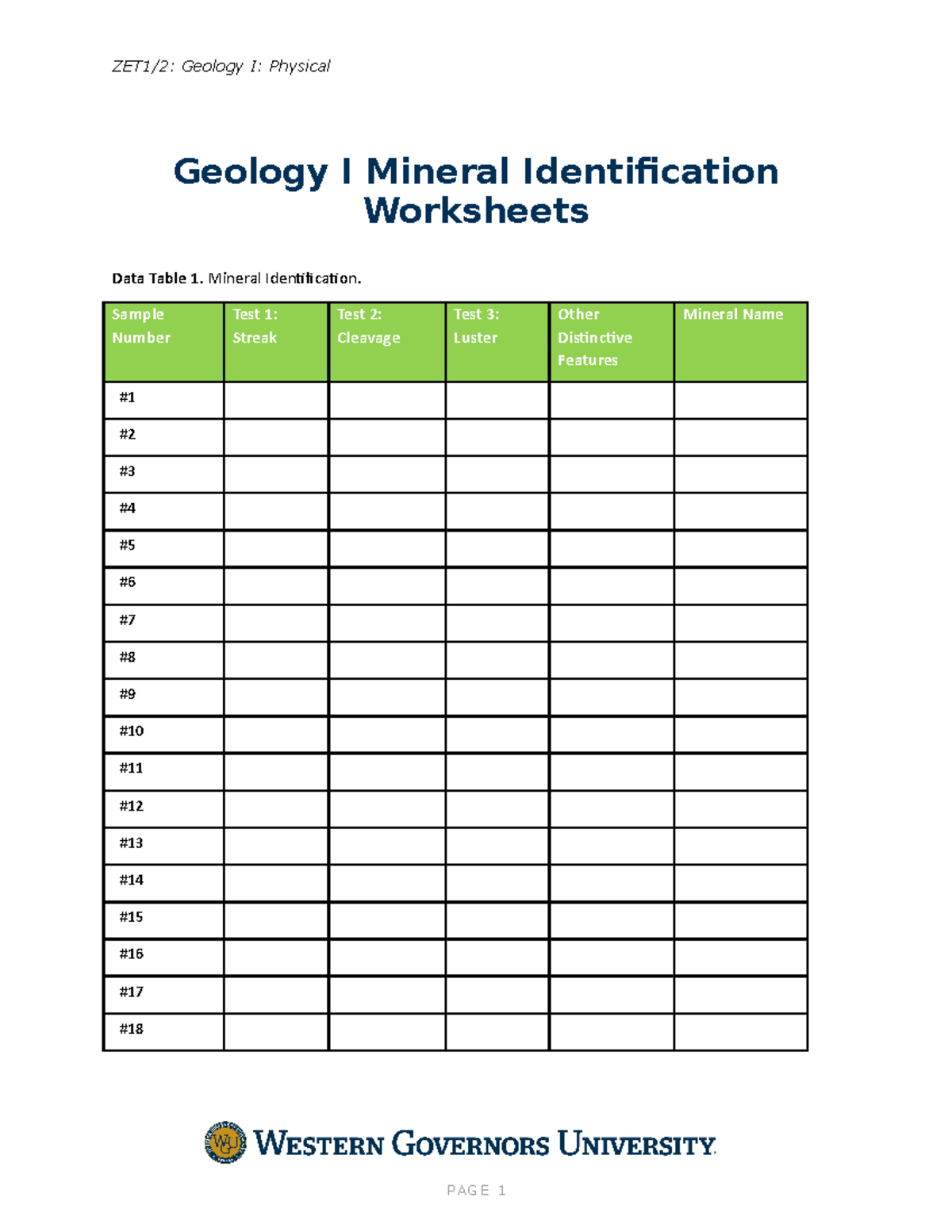 Rock Sample Identification Worksheet - ZET1/2: Geology I: Physical ...