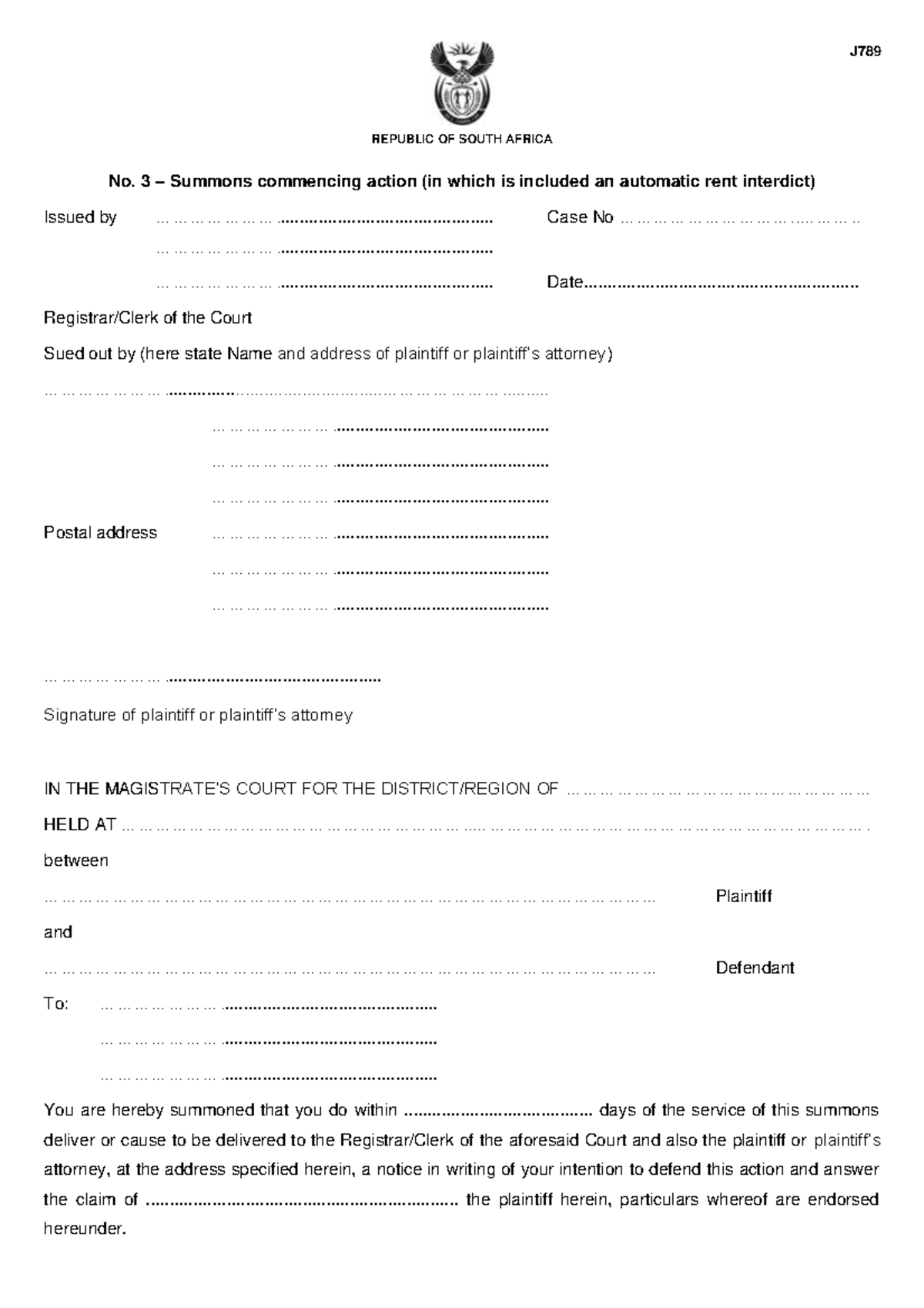 Rent interdict summons - REPUBLIC OF SOUTH AFRICA No. 3 – Summons ...