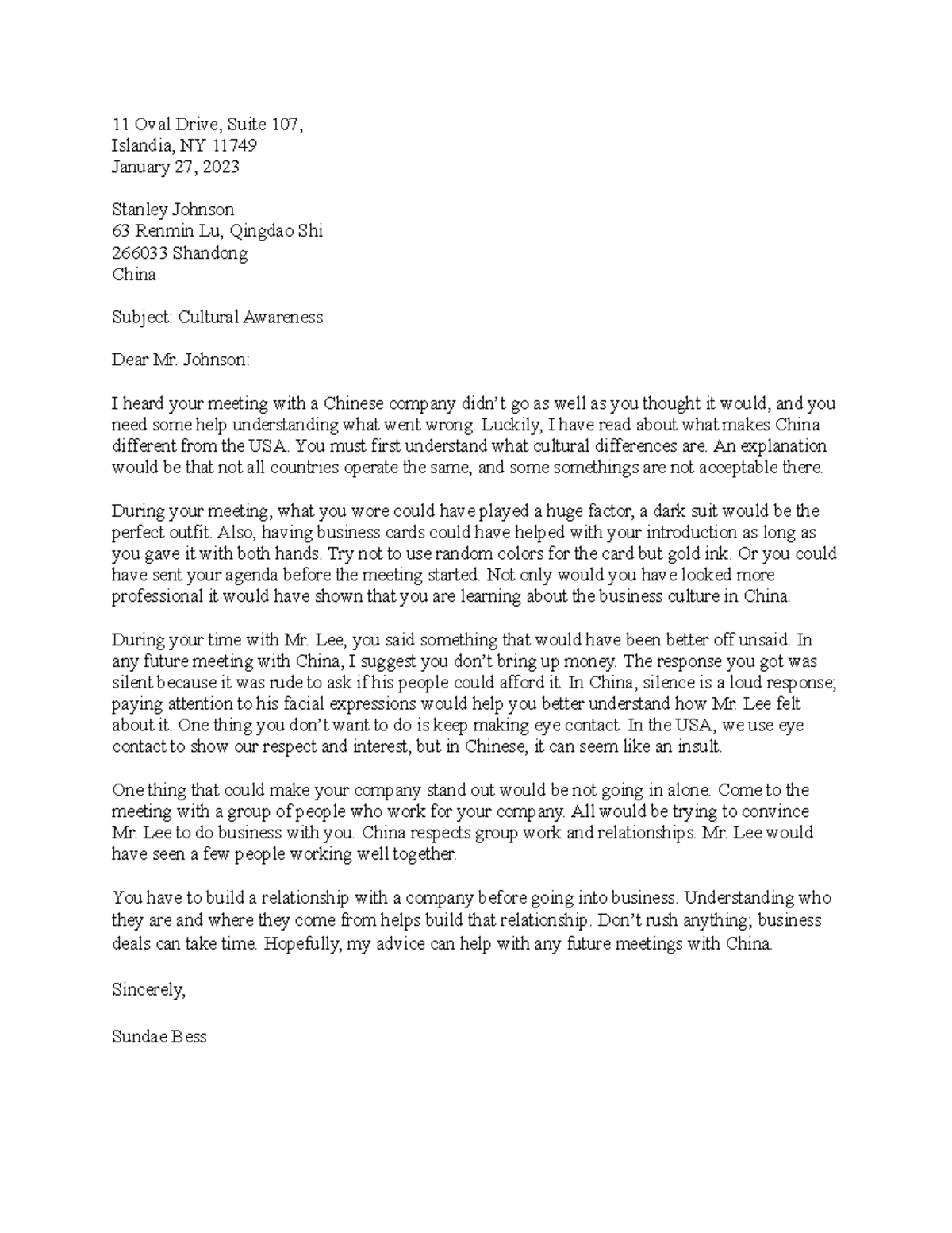 Cultural Awareness Letter - 11 Oval Drive, Suite 107, Islandia, NY ...