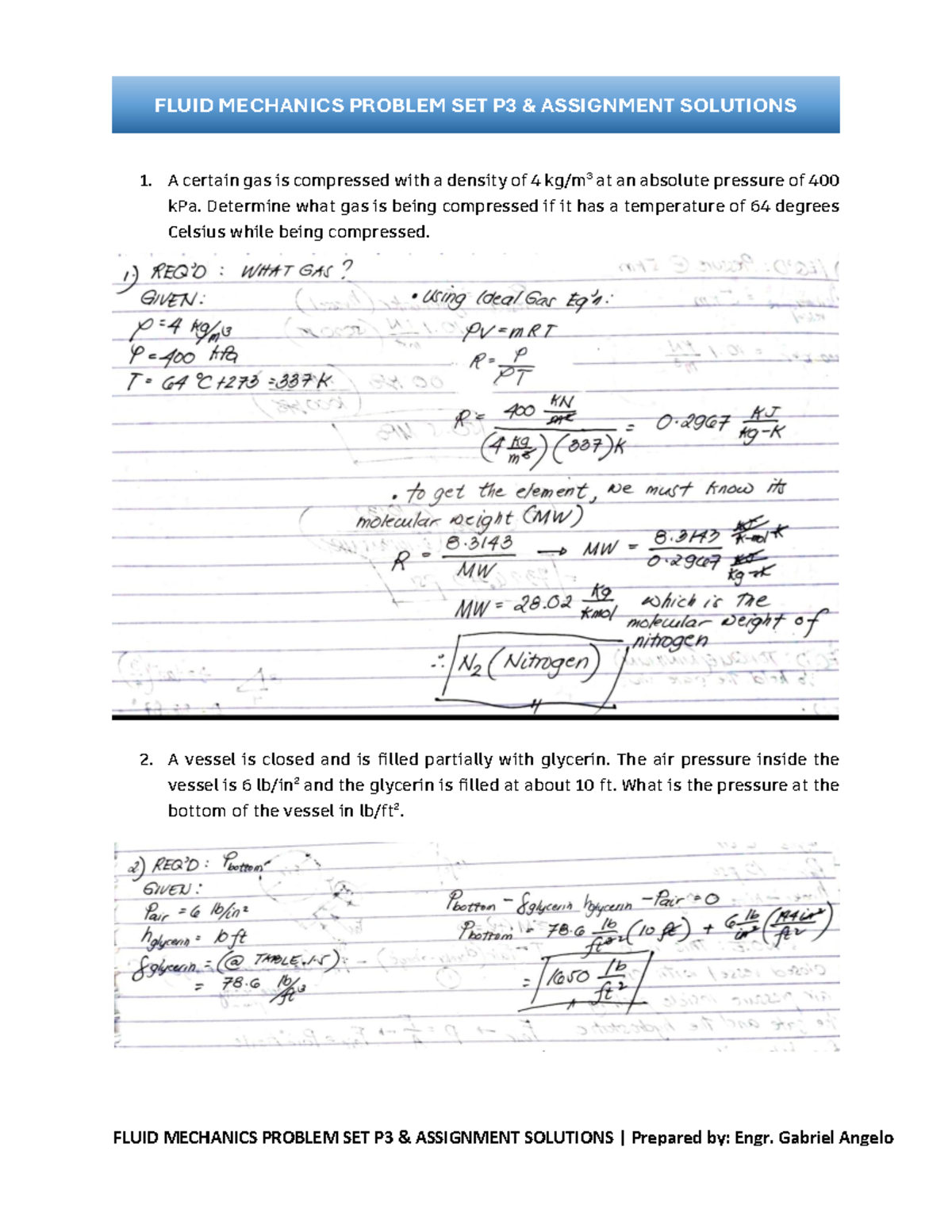 Fluid Mechanics Problem Set P3 Assignment Solutions - FLUID MECHANICS PROBLEM SET P3 & - Studocu