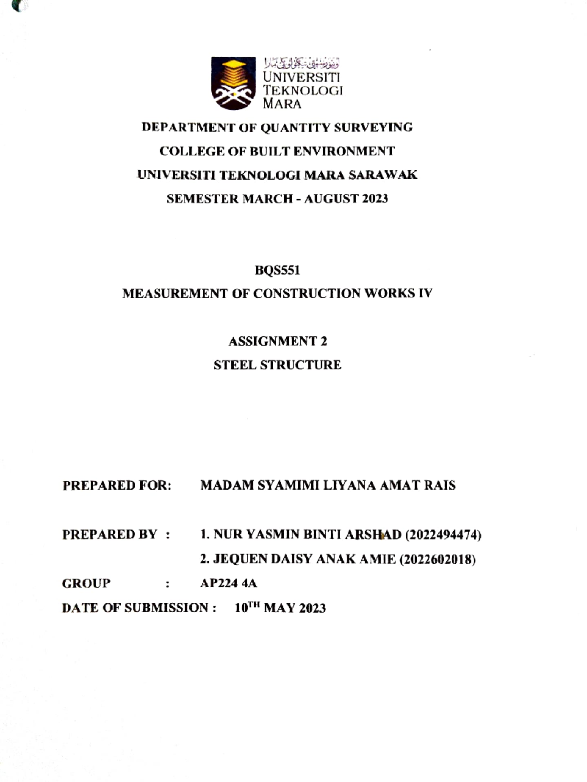 Steel structure - DEPARTMENT OF QUANTITY SURVEYING GROUP COLLEGE OF ...