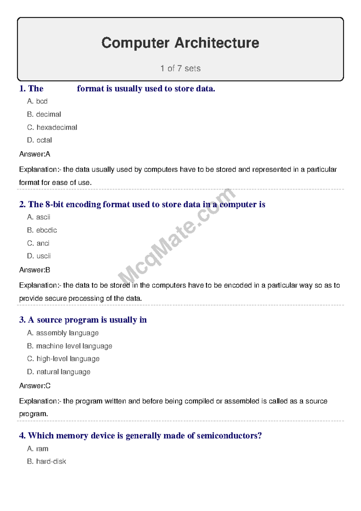 Computer-architecture [set 1] - McqMate Computer Architecture 1 of 7 sets 1. The format is ...