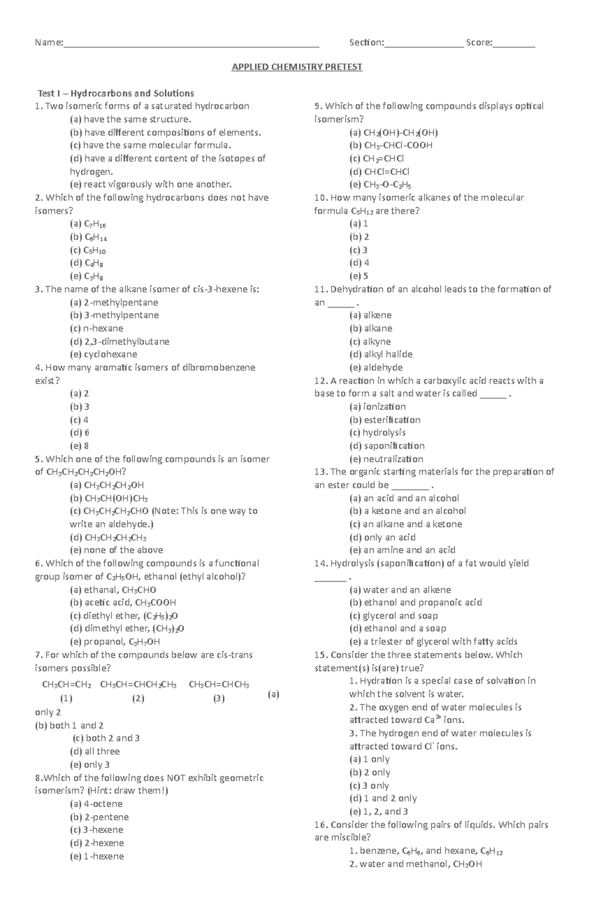 Appchem pretest - APPLIED CHEMISTRY PRETEST Test I Hydrocarbons and ...