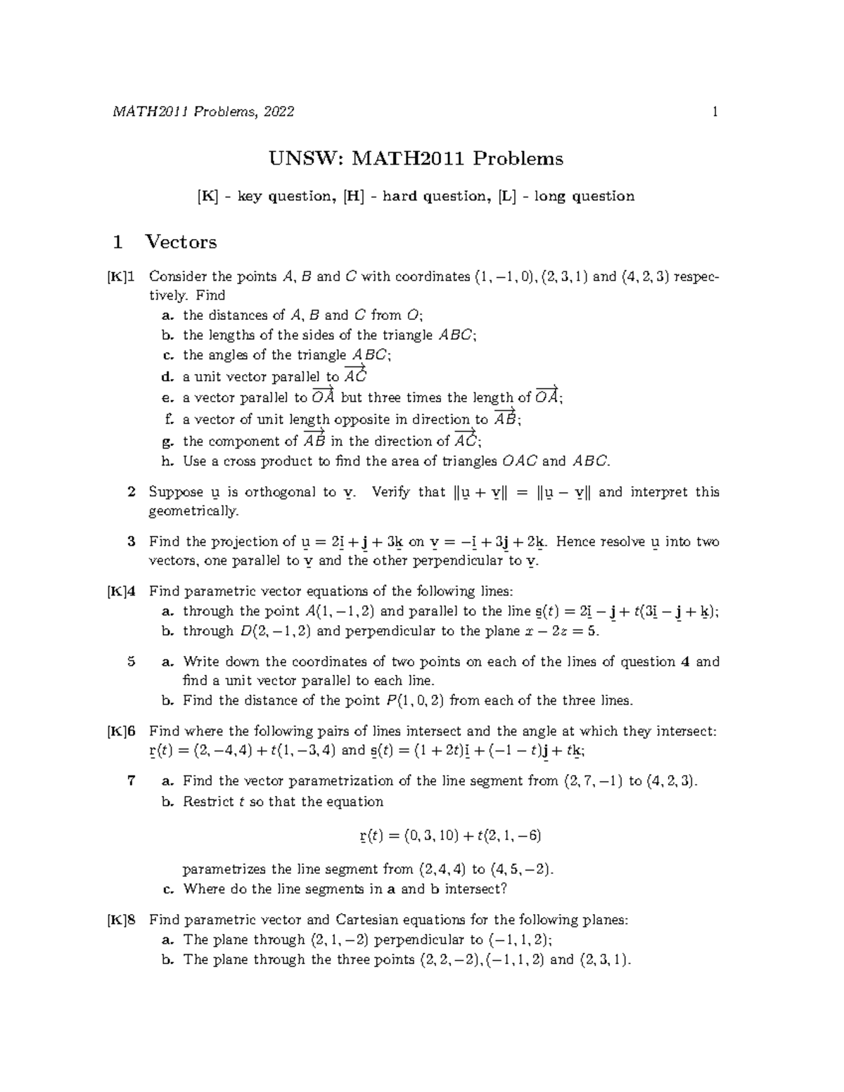 MATH2011 Tutorial Problems - MATH2011 Problems, 2022 1 UNSW: MATH2011 ...