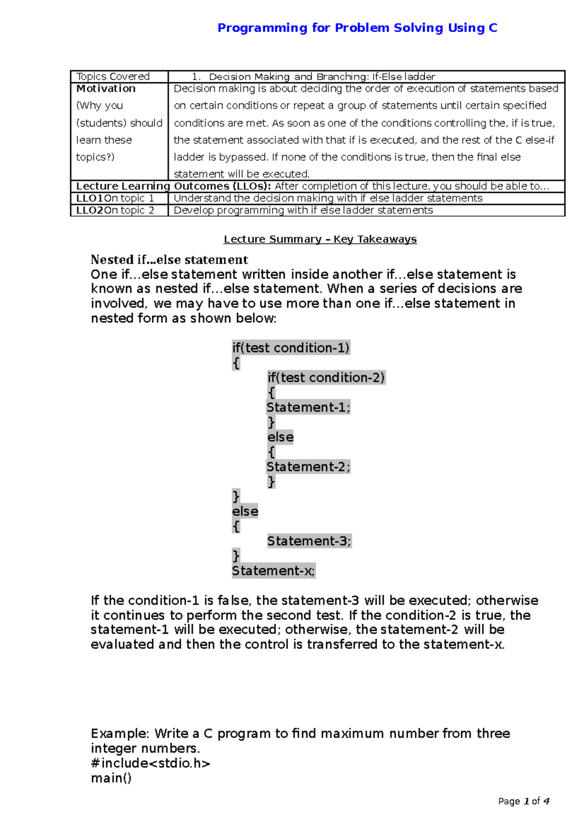 If-Else ladder - Topics Covered 1. Decision Making and Branching: If-Else ladder Motivation (Why ...