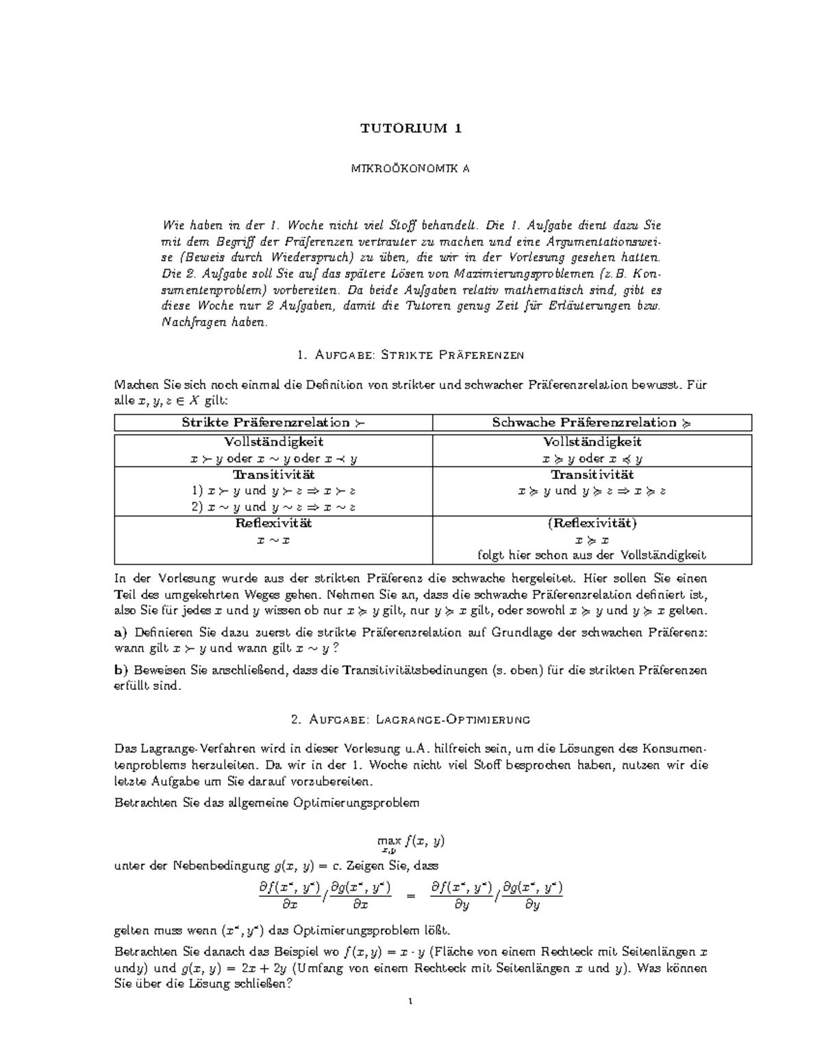 Tut01-2023 - mikro A tut. 1 - TUTORIUM 1 MIKROÖKONOMIK A Wie haben in der 1. Woche nicht viel ...
