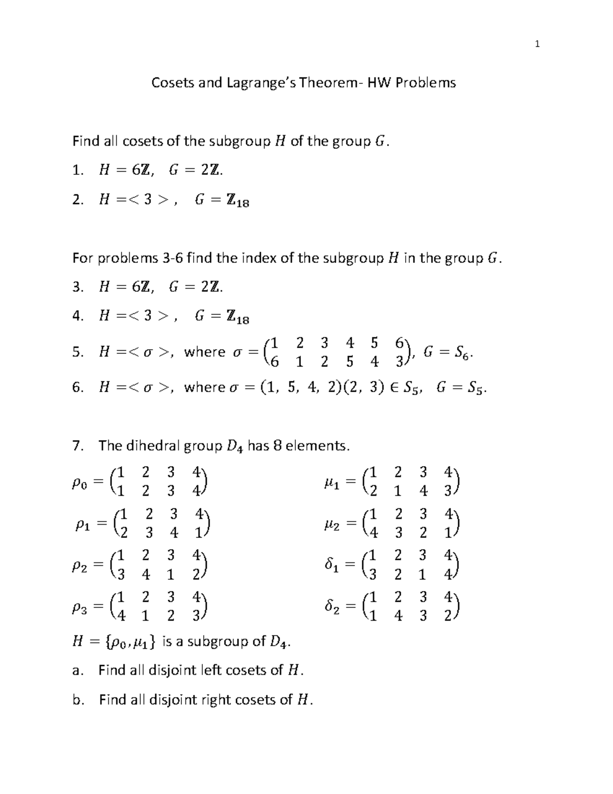 Cosets hw - Abstract Algebra - 1 Cosets and Lagrange’s Theorem- HW ...
