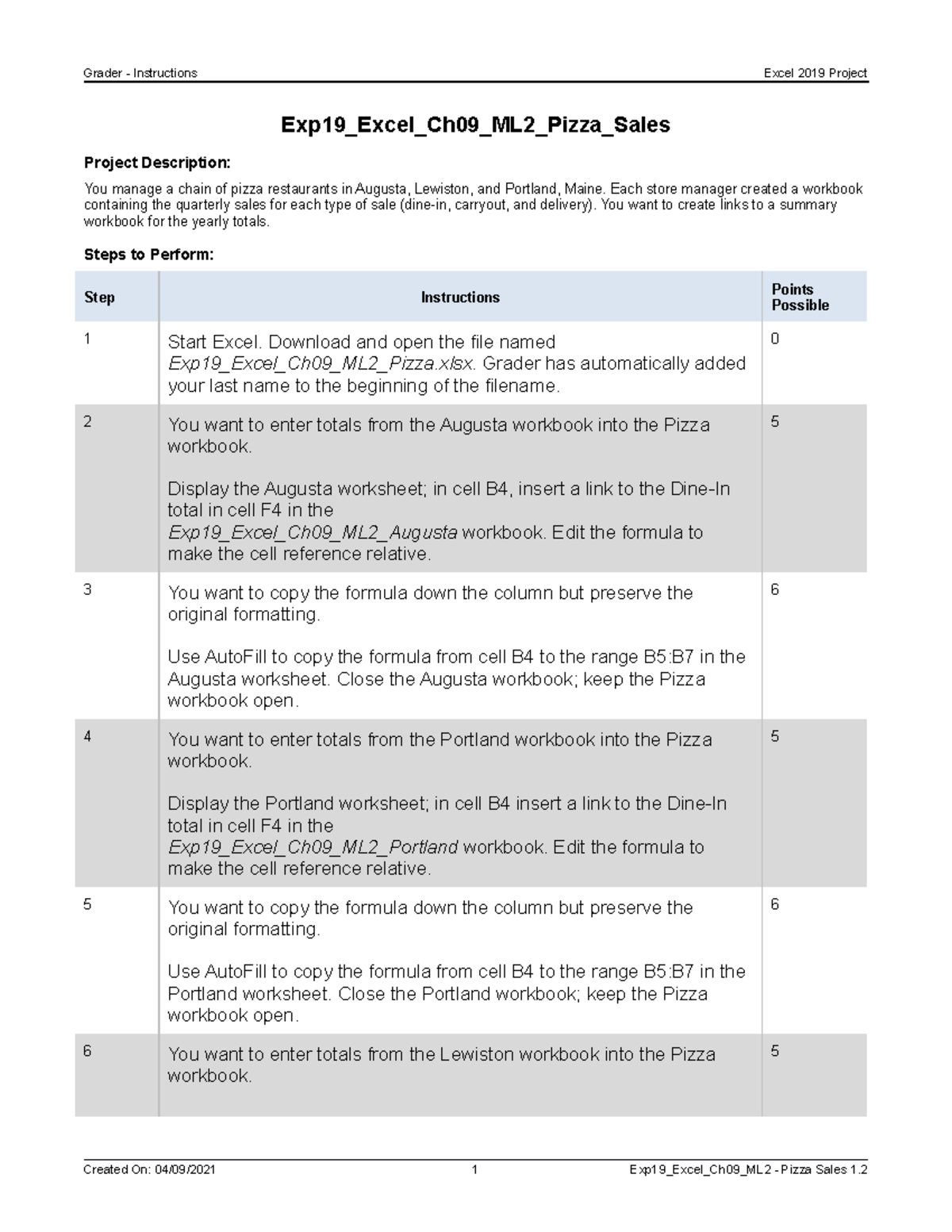 Exp19 Excel Ch09 ML2 Pizza Sales Instructions - Grader - Instructions Excel 2019 Project - Studocu