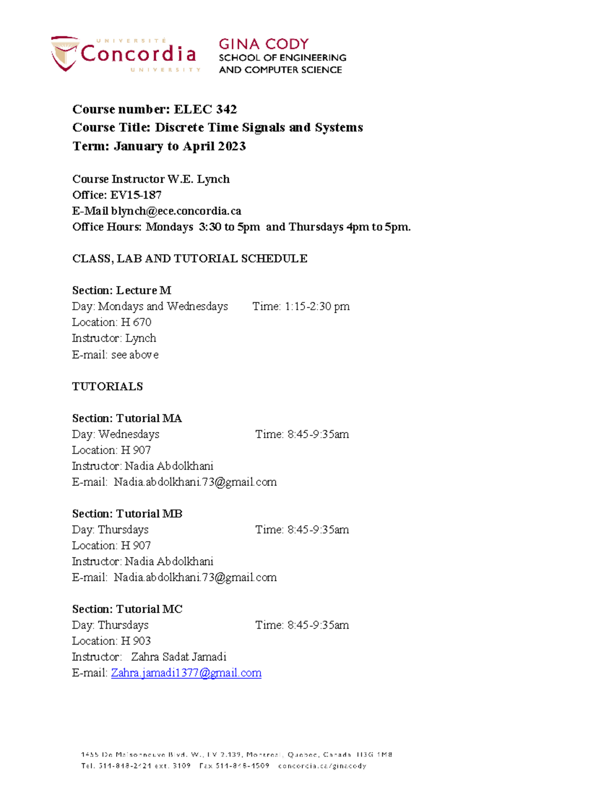 Course Outline Elec 342 Jan 2023 Course Number Elec 342 Course Title Discrete Time Signals
