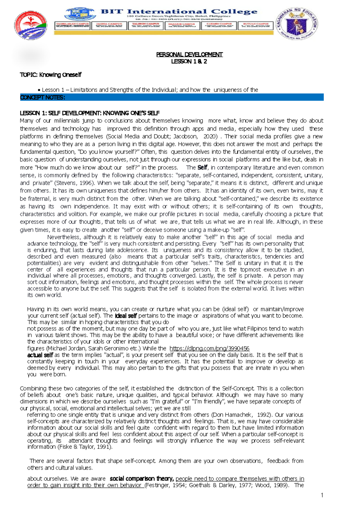 Perdev Module Lesson 1 2 - PERSONAL DEVELOPMENT LESSON 1 & 2 TOPIC ...