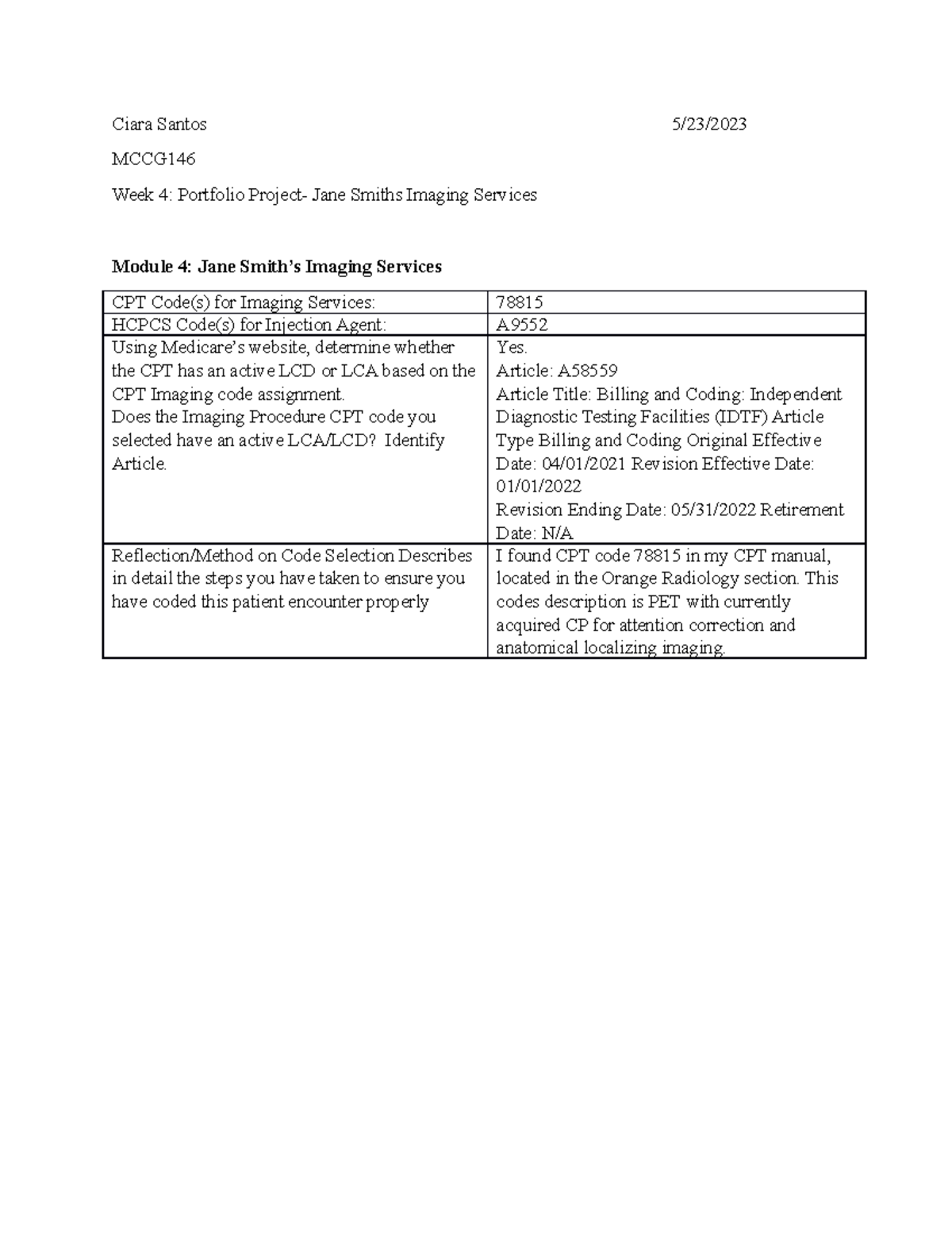 MCCG146 Week 4 Portfolio Project Jane Smith's Imaging Services- Ciara Santos - Ciara Santos 5/23 ...