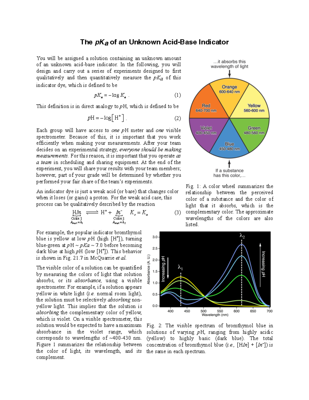 P Ka of Indicator - Lab Handout - The pK a of an Unknown Acid-Base Indicator You will be ...