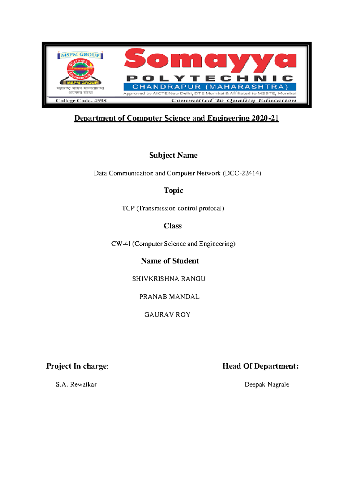 527387236 DCC Micro Project 1 - Department of Computer Science and Engineering 2020- 21 Subject ...