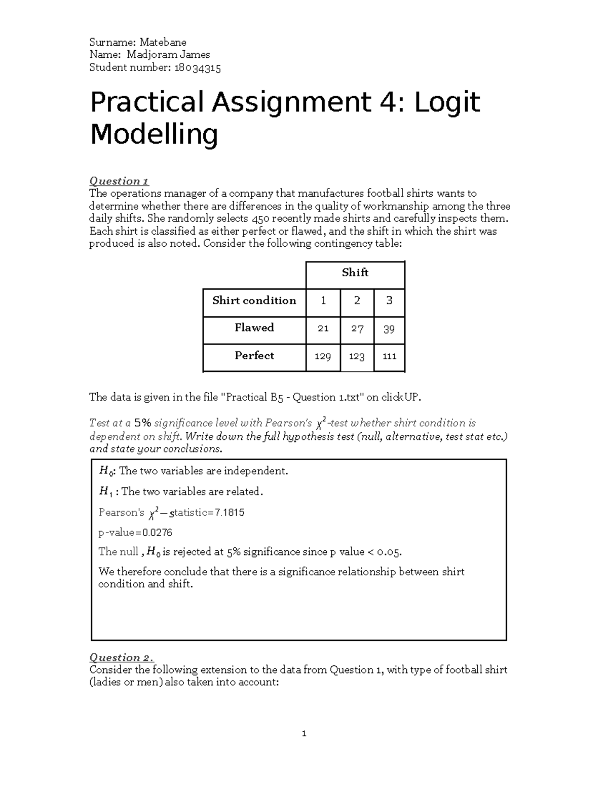 Practical Assignment 4 - Logit Modelling - Name: Madjoram James Student number: 18034315 ...