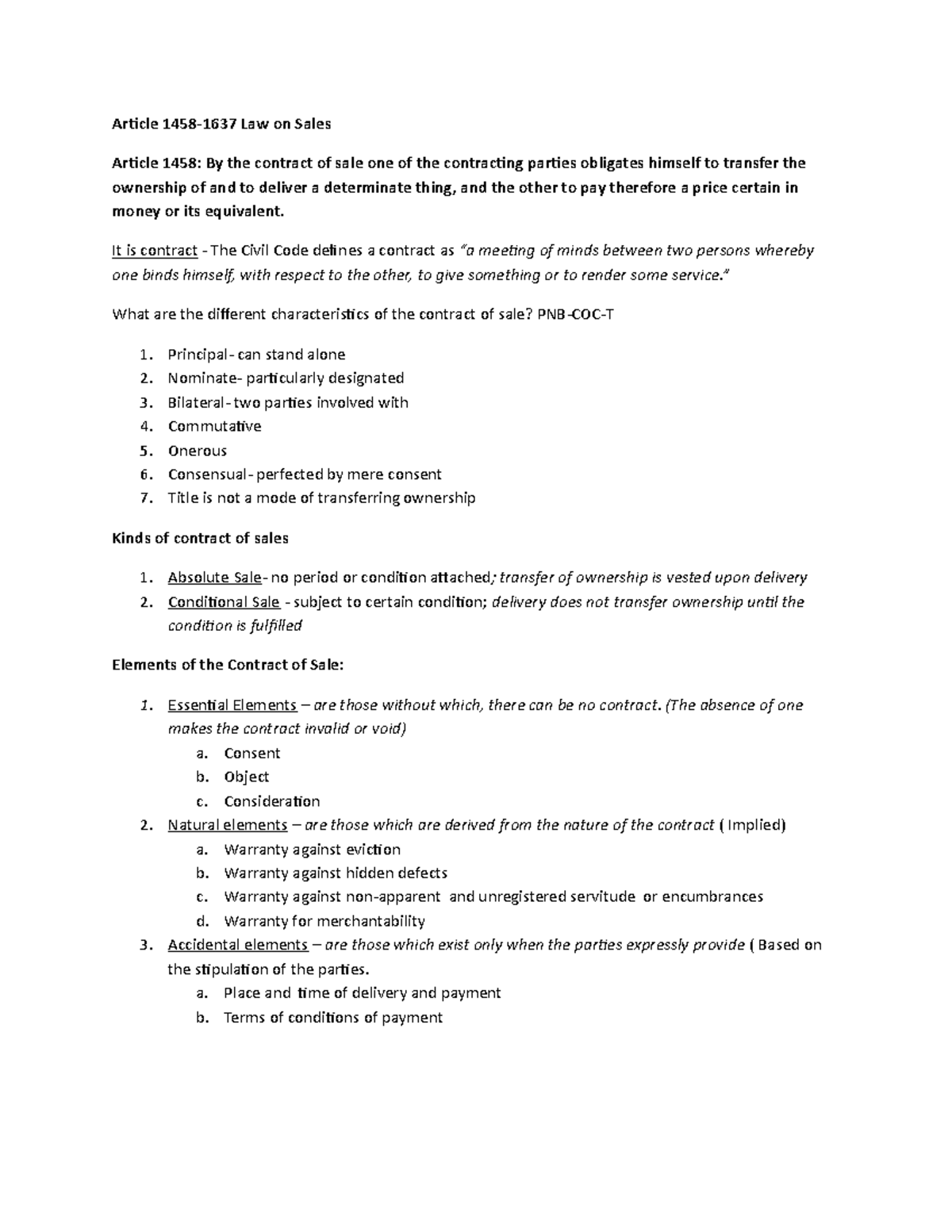 GEN 008 Enhancement Lecture 1 - Article 1458-1637 Law on Sales Article ...