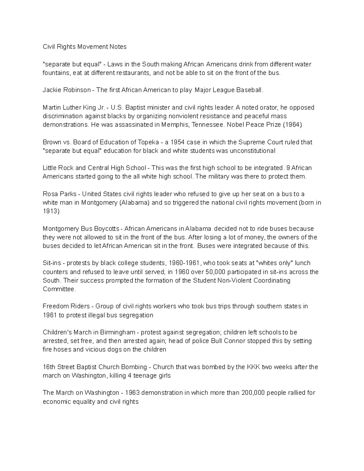 Civil Rights Movement Notes - Civil Rights Movement Notes "separate but ...