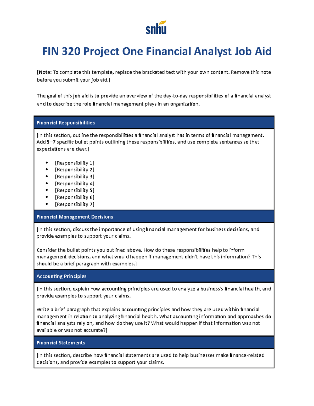 FIN 320 Project One Financial Analyst Job Aid - Remove this note before ...