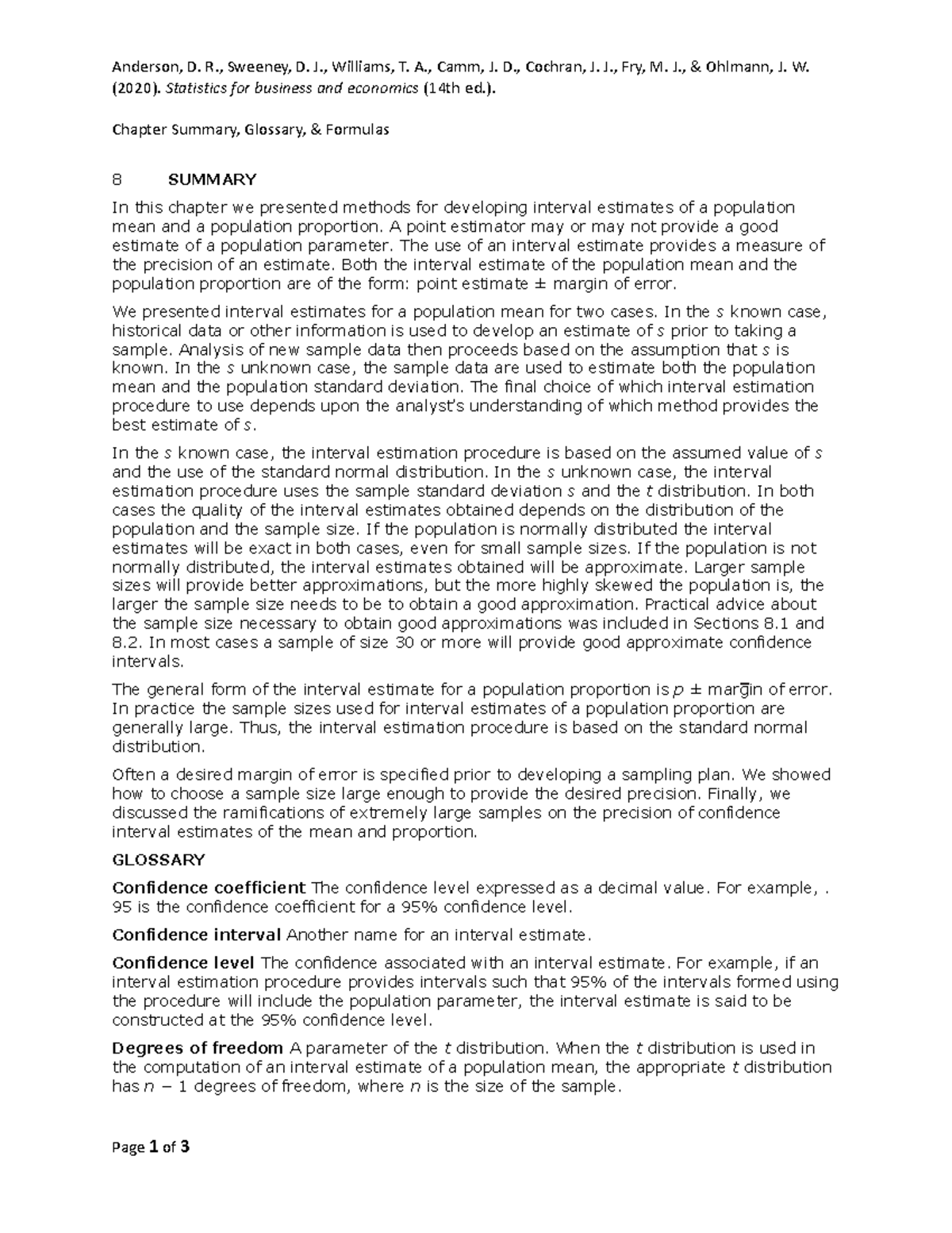 Chapter 07 Summary Glossary Formulas - Anderson, D. R., Sweeney, D. J ...