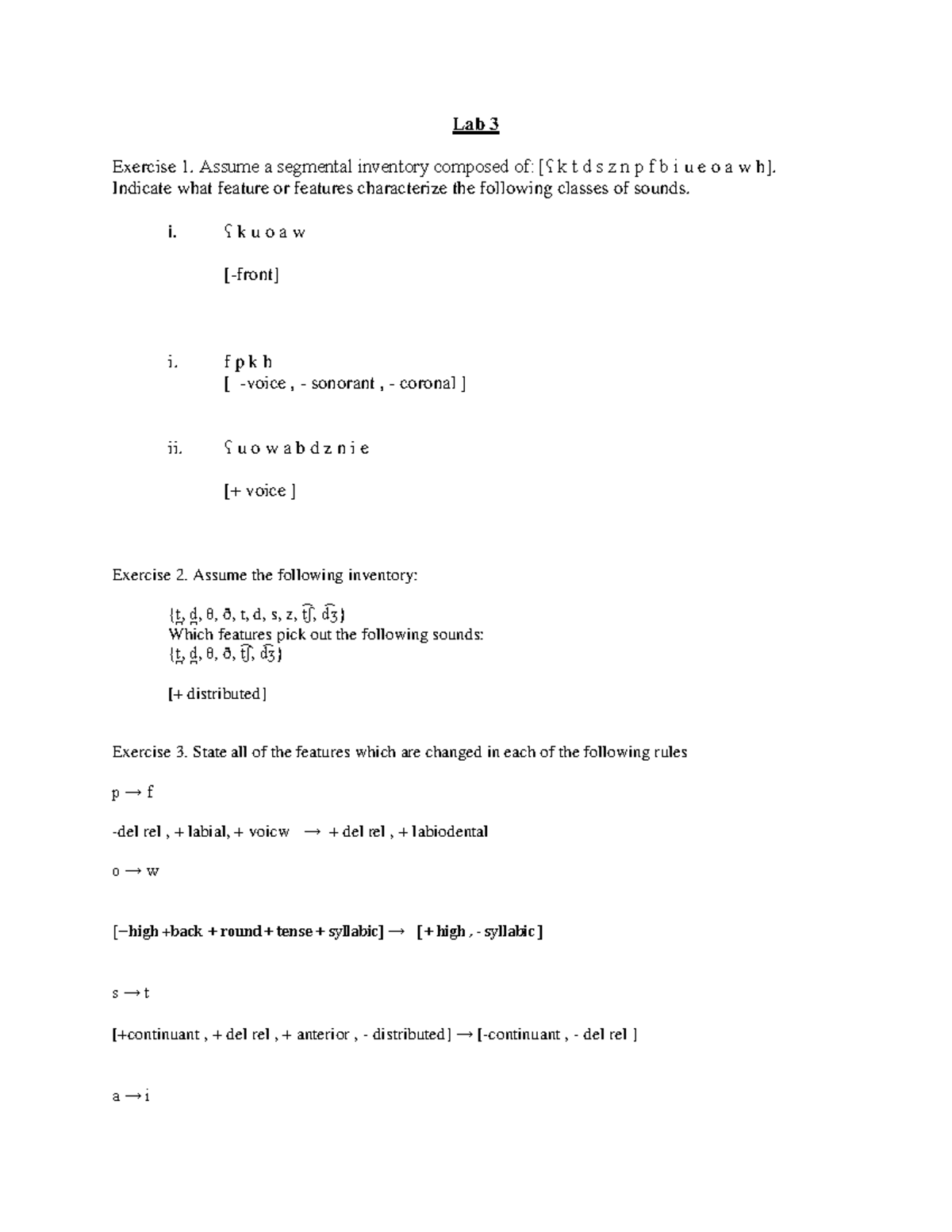 2PH3 Lab3 - Lab 3 Exercise 1. Assume a segmental inventory composed of ...