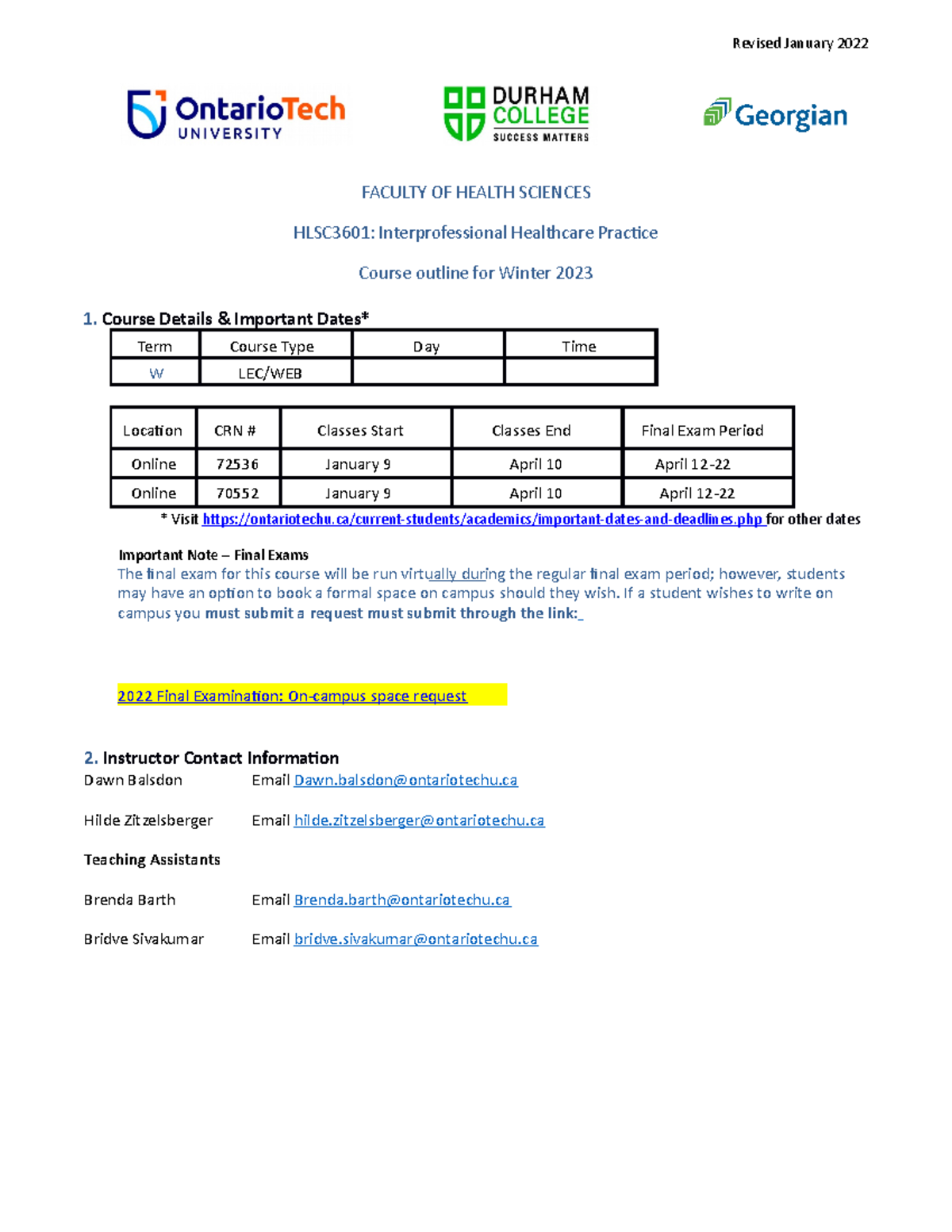 Course Outline HLSC3601 winter 2023 - FACULTY OF HEALTH SCIENCES ...