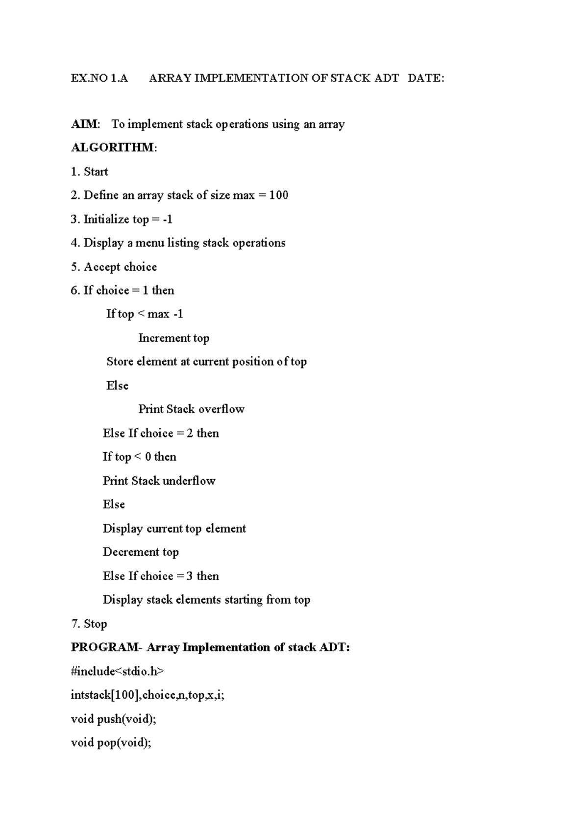 1.a,1.b nd 1 - MANUAL - EX 1 ARRAY IMPLEMENTATION OF STACK ADT DATE: AIM: To implement stack ...