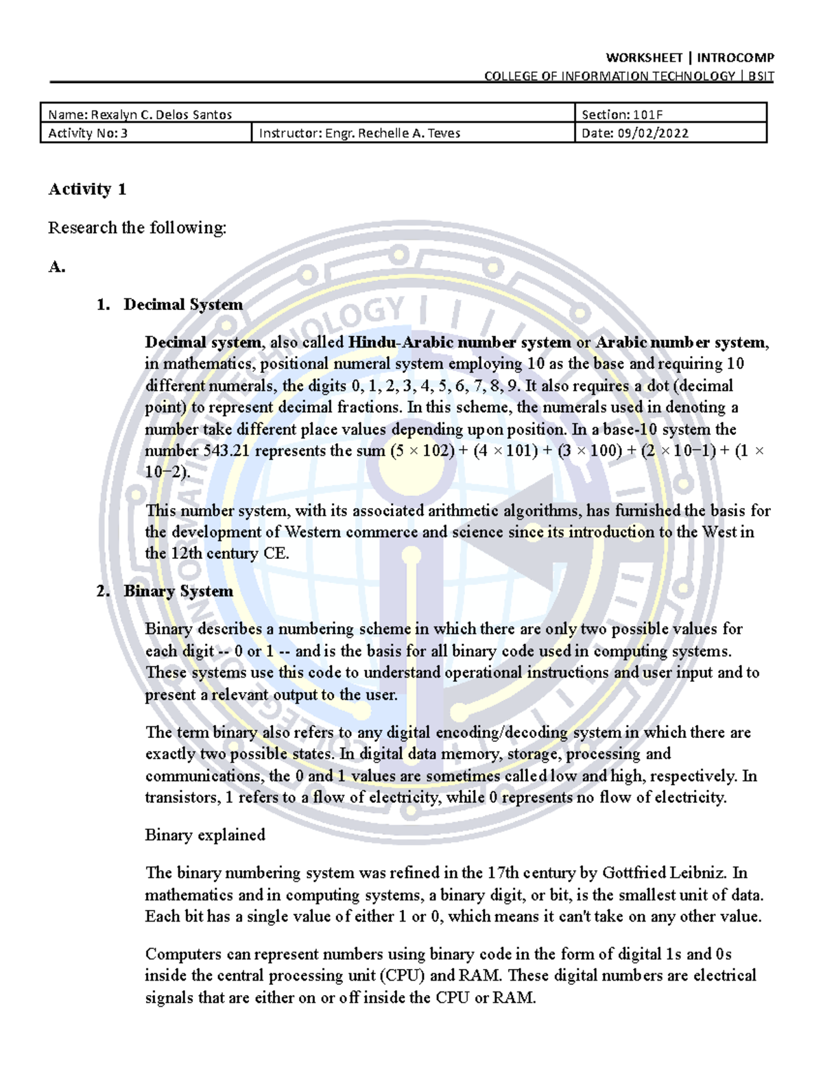 Introcomp Worksheet Assignment-Week-3 - COLLEGE OF INFORMATION TECHNOLOGY | BSIT Name: Rexalyn C ...
