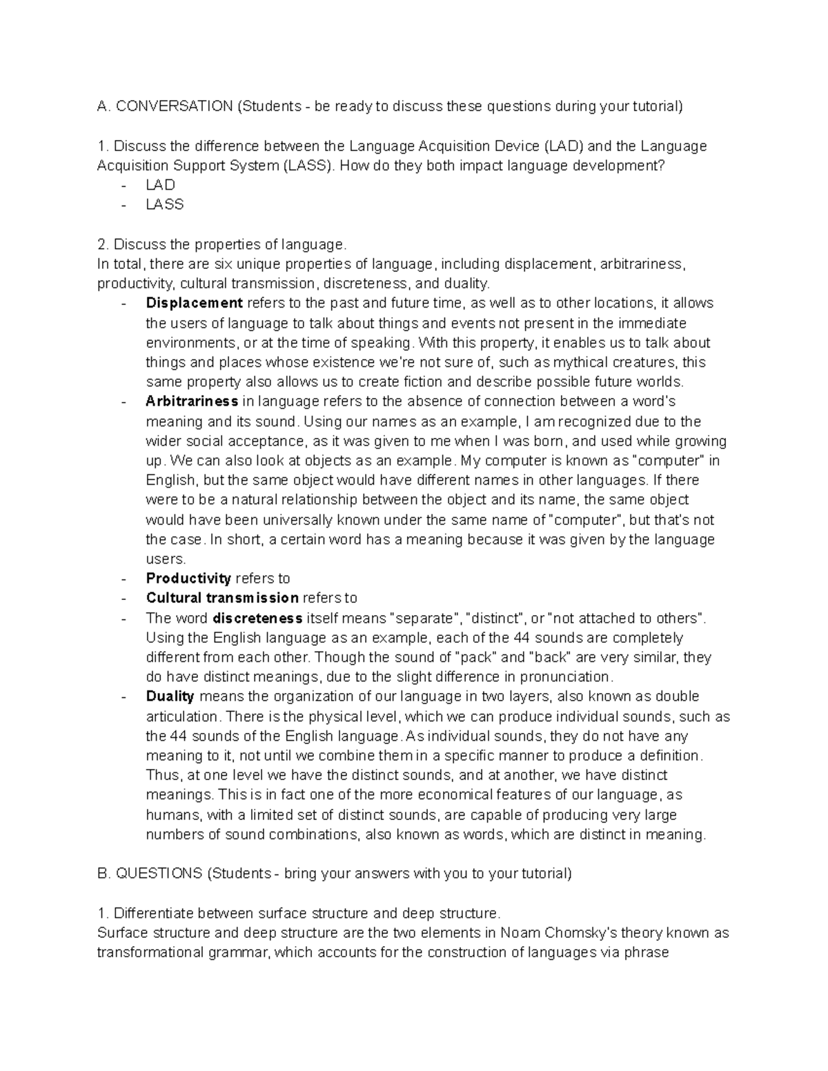 Psy1003 tut 1 - chapter 9, language - A. CONVERSATION (Students - be ready to discuss these ...