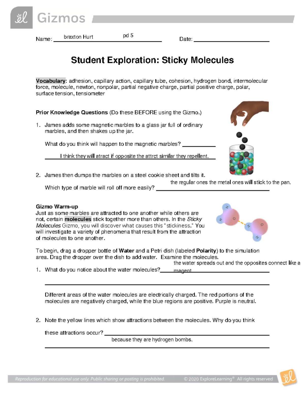 Braxton Hurt - Sticky Molecules SE - Name: Date: Student Exploration ...