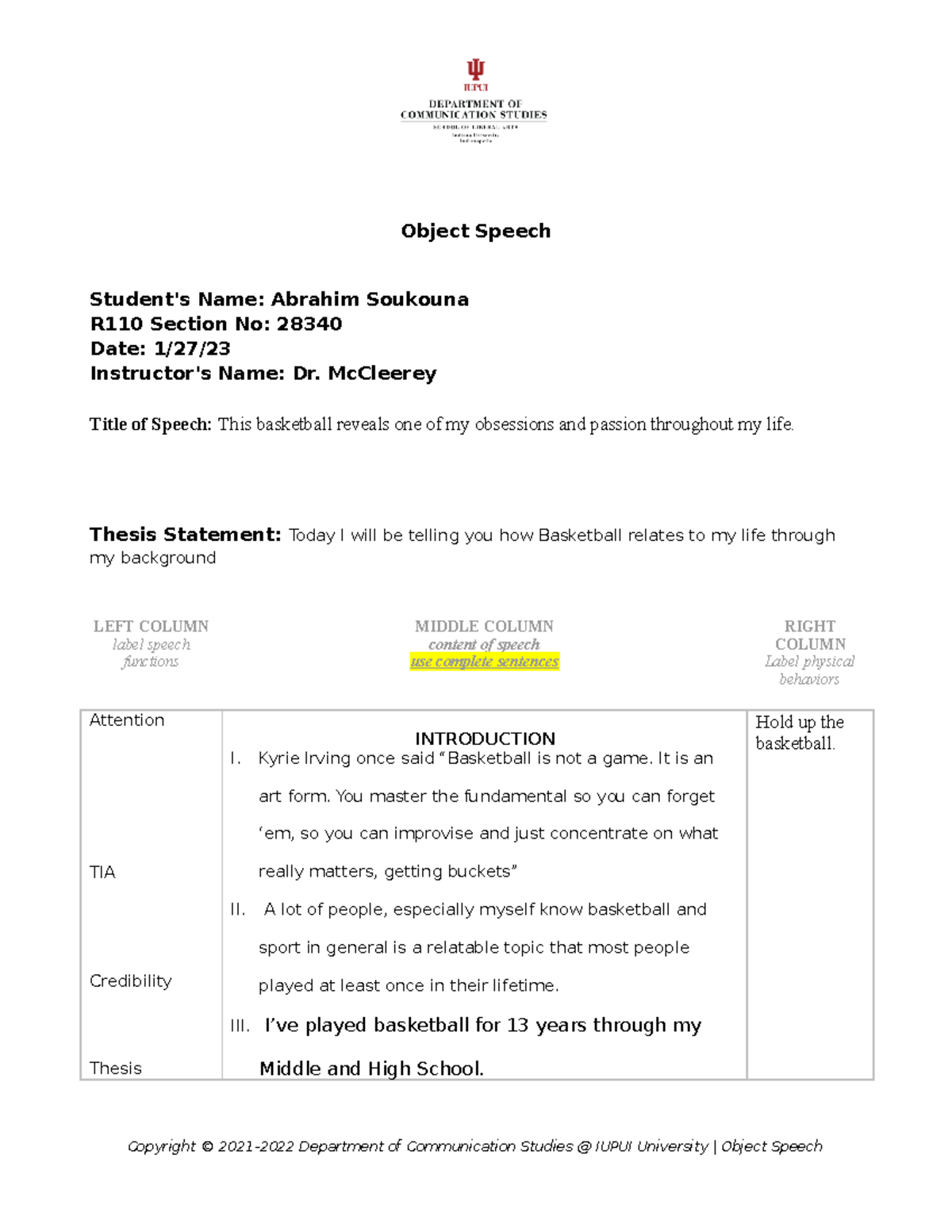 Object Speech Outline - Object Speech Student's Name: Abrahim Soukouna ...