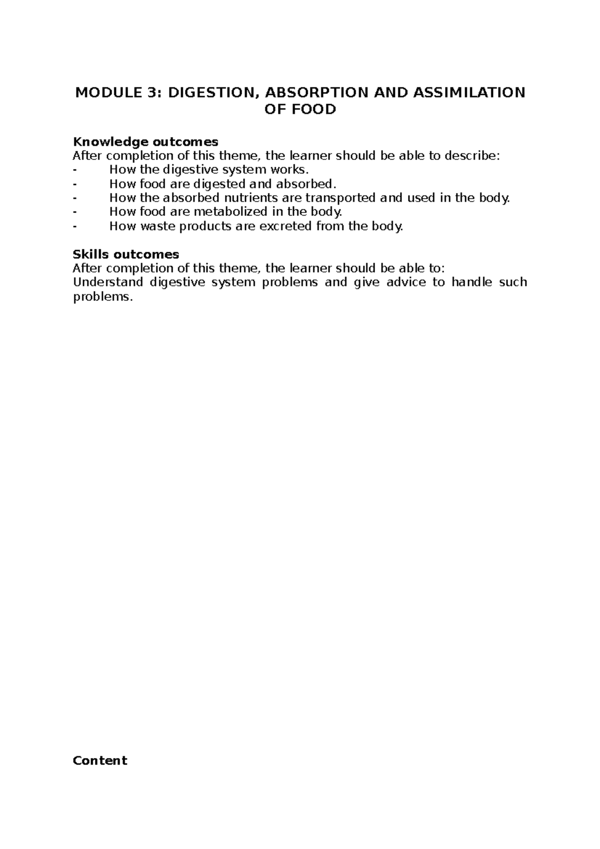 Module 3 Nutrition - Notes - MODULE 3: DIGESTION, ABSORPTION AND ...