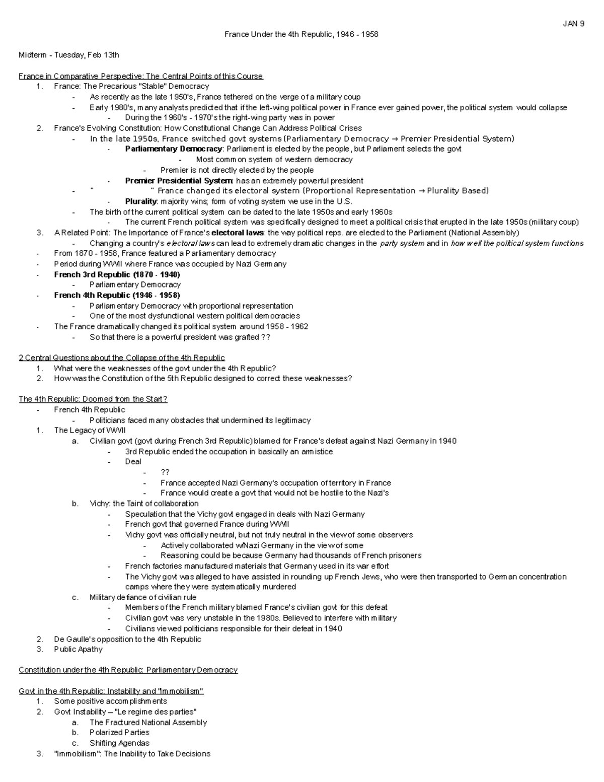 France Under the 4th Republic, 1946 - 1958 - JAN 9 France Under the 4th ...