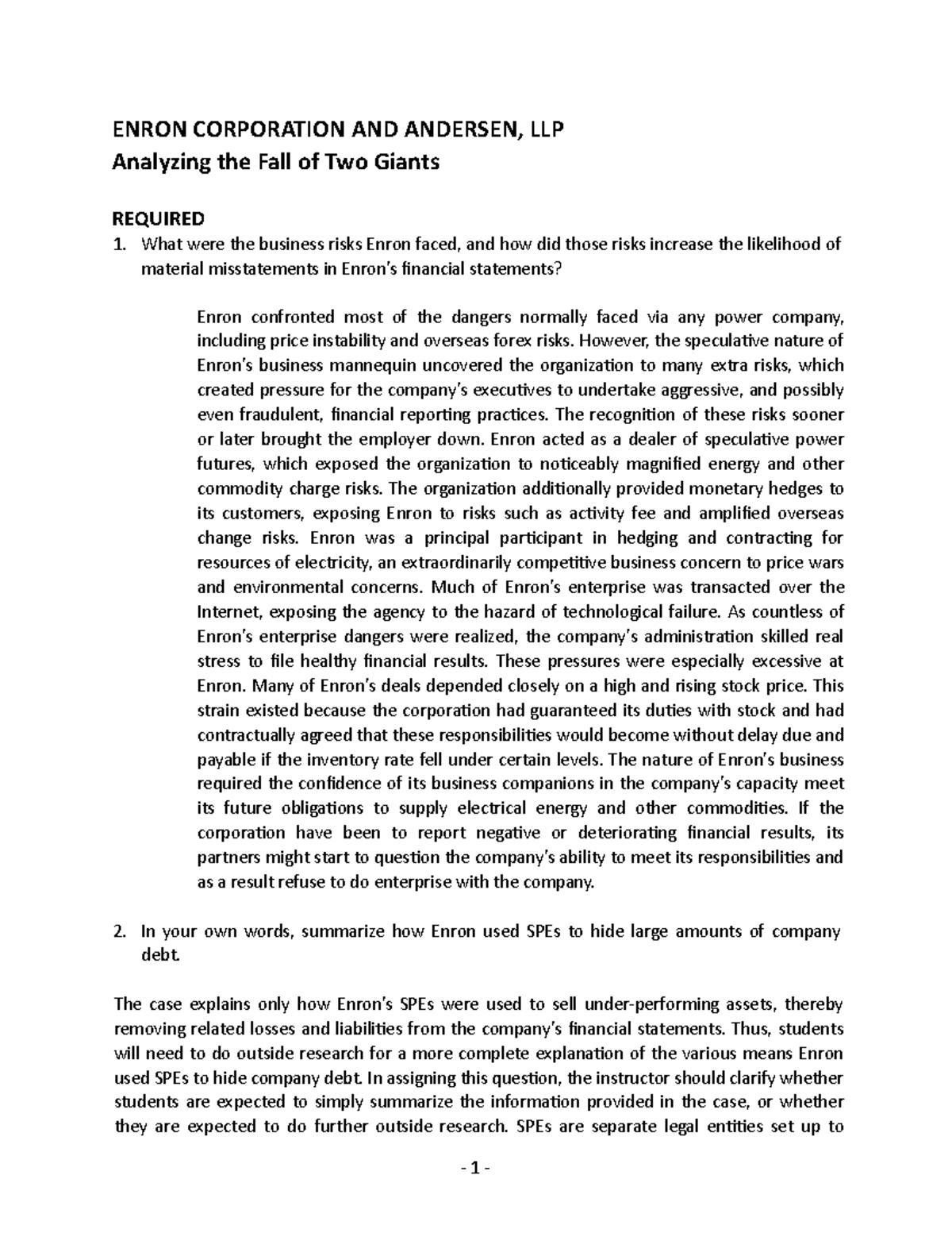 Case 1 - Notes - ENRON CORPORATION AND ANDERSEN, LLP Analyzing the Fall ...