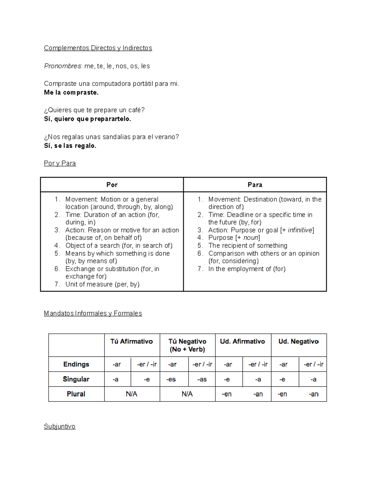 Spanish Final Exam Review - Complementos Directos y Indirectos ...