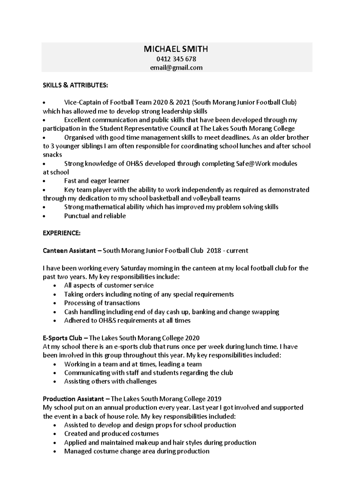 Resume Sample - efjjlwjka - MICHAEL SMITH 0412 345 678 email@gmail ...