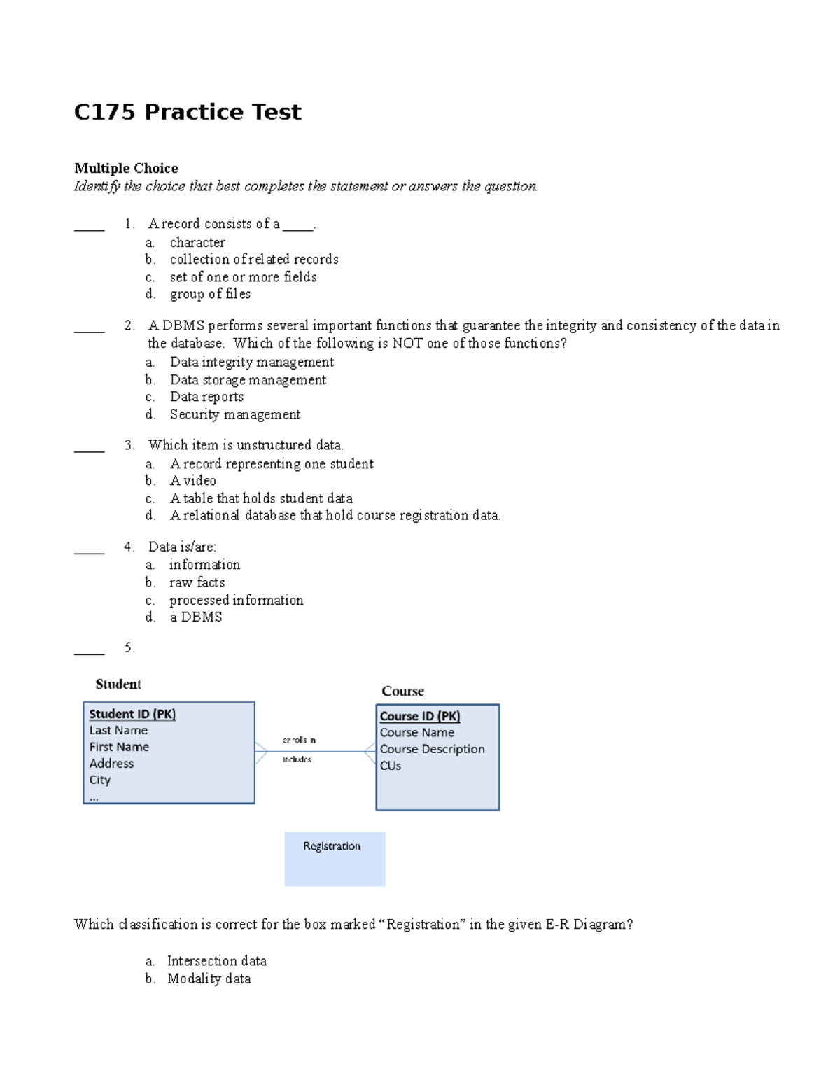 C175 Practice Test - C175 Practice Test Multiple Choice Identify the ...