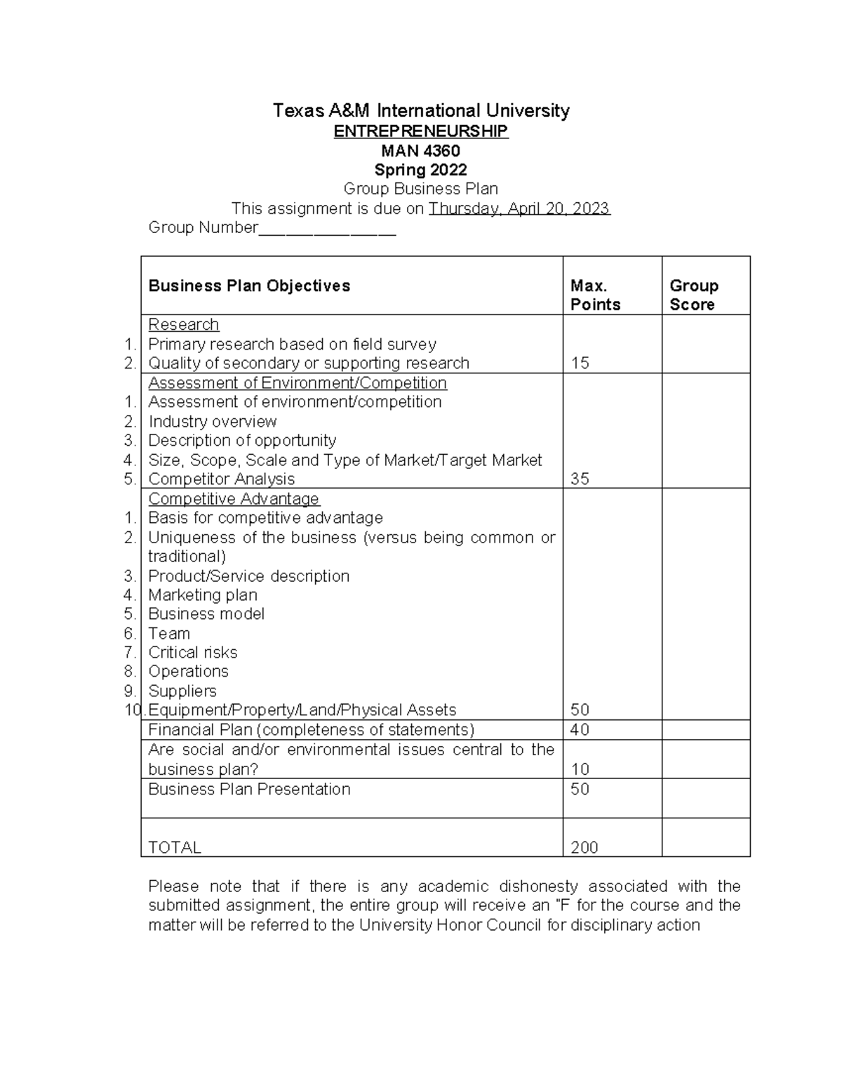 Business Plan - Report Evaluation Criteria - Tagged - Texas A&M ...