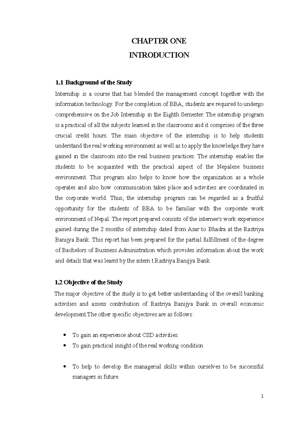 Intership report - CHAPTER ONE INTRODUCTION 1 Background of the Study ...